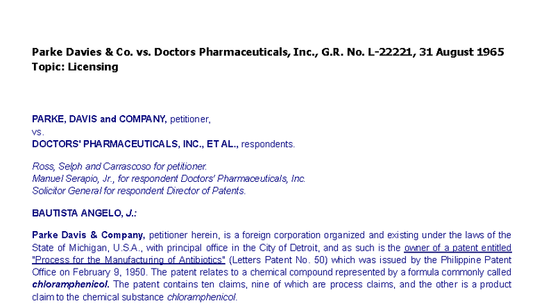 CIPL - Case Study: Parke Davies Co. vs. Doctors Pharmaceuticals, Inc ...