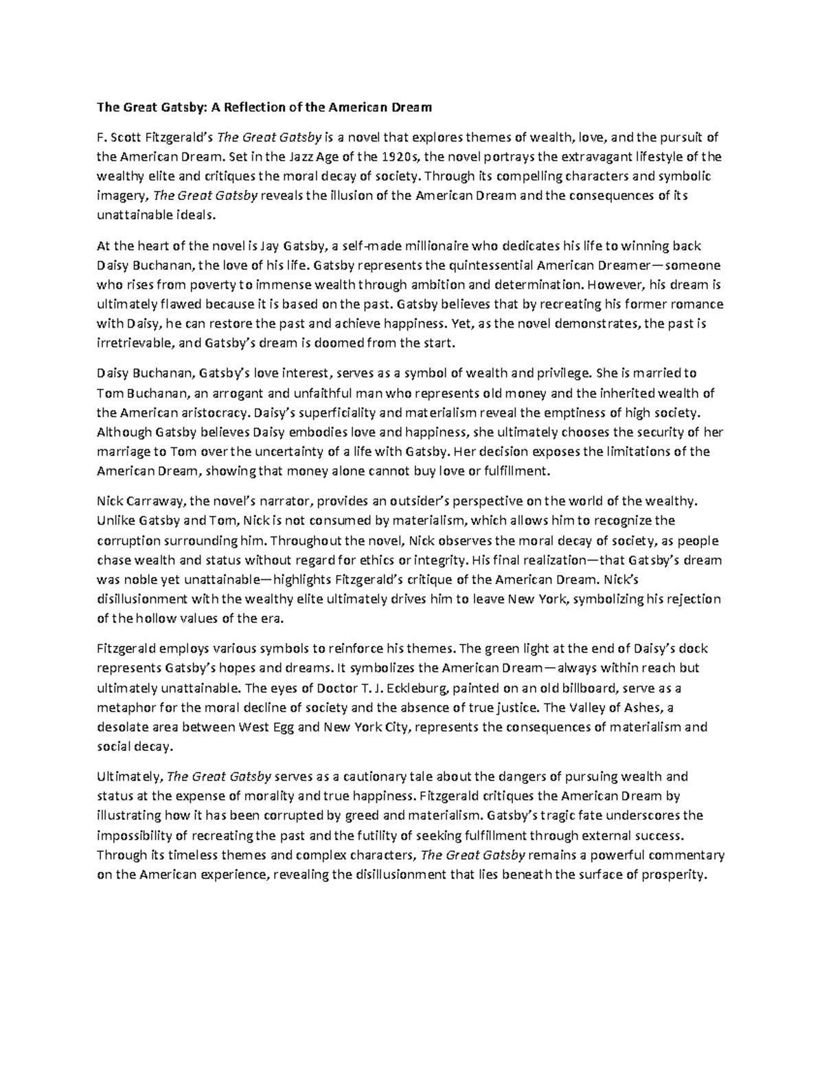 Great gatsby essay - The Great Gatsby: A Reflection of the American ...