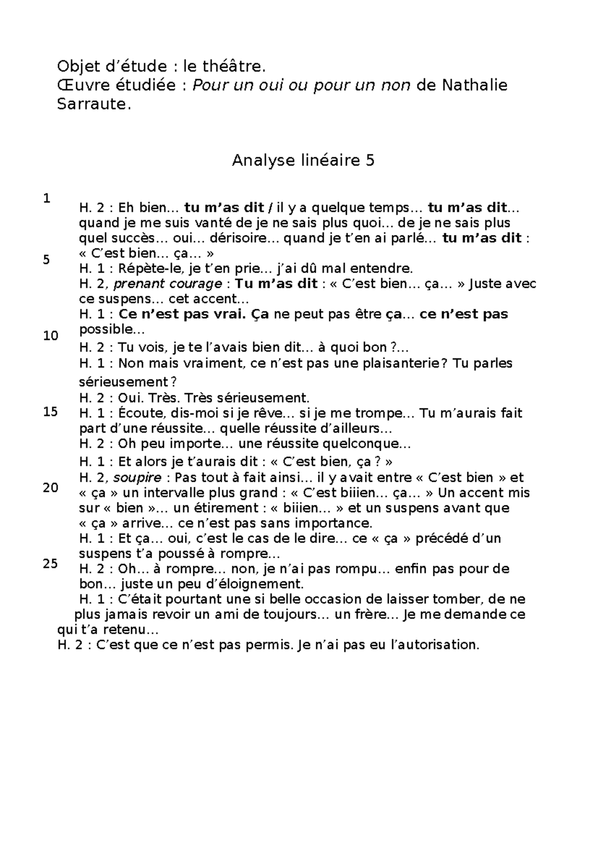 Analyse linéaire de "Pour un oui ou pour un non" - COURS 5 H. 1 & 5 H ...