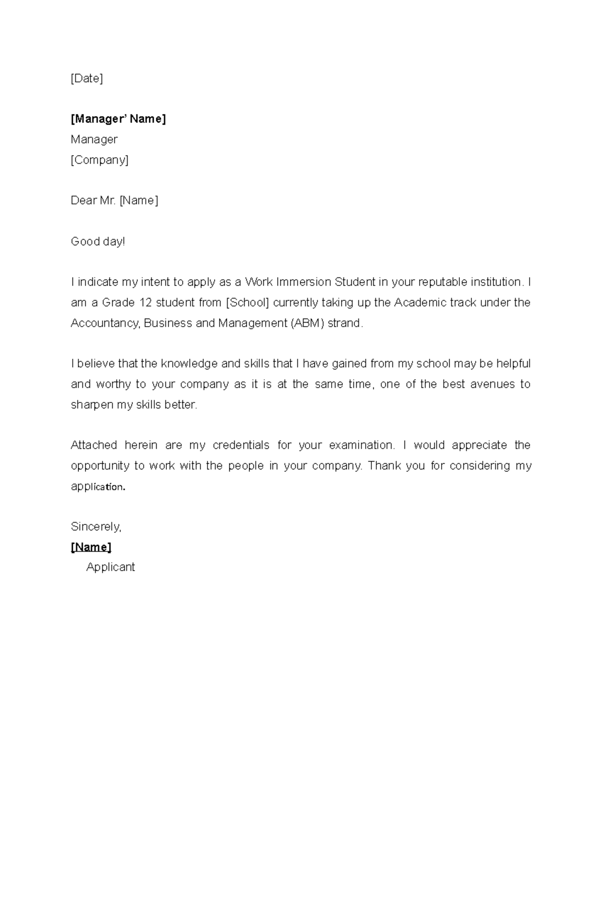 ABM Work Immersion Application Letter Sample - Studocu