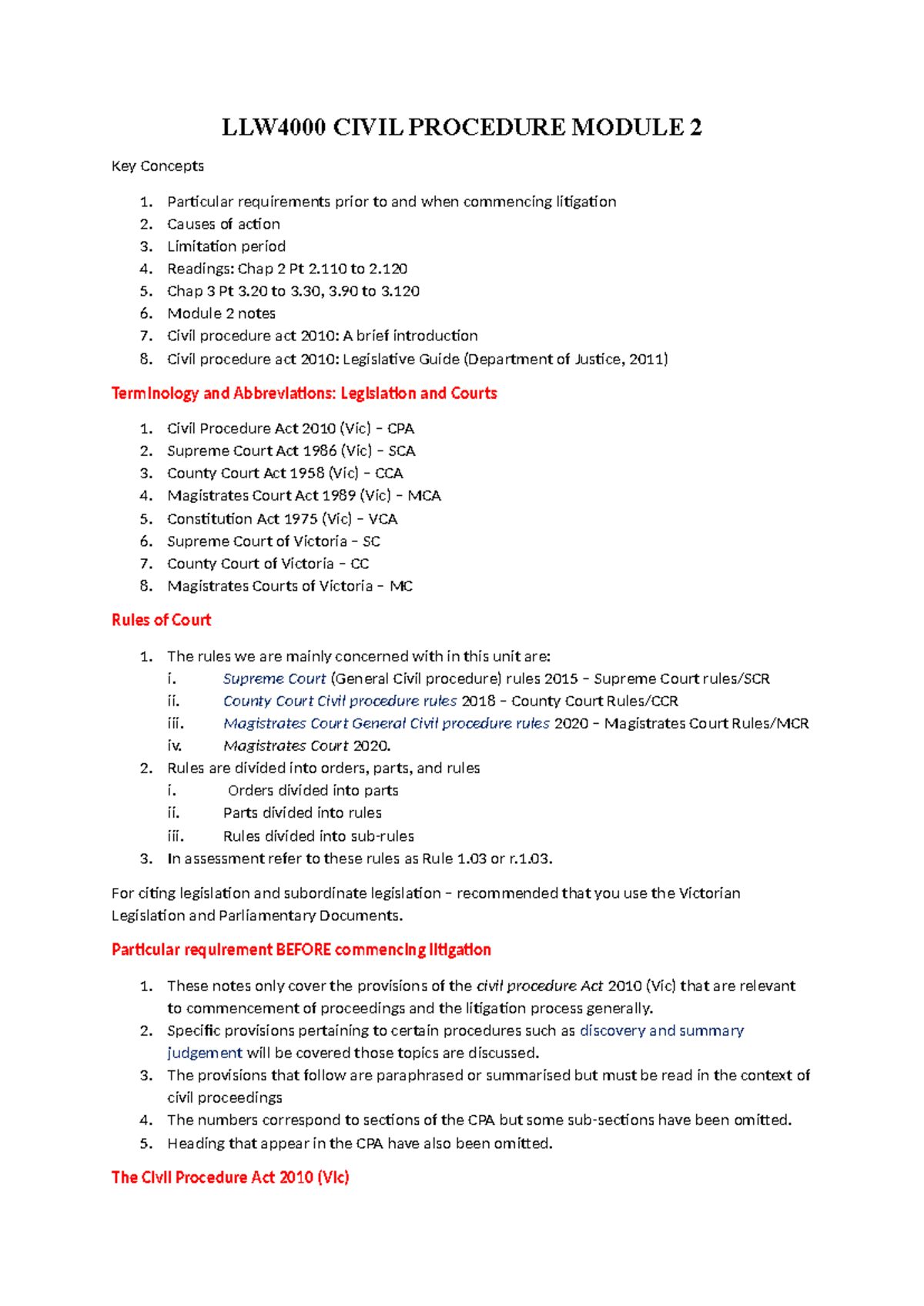 LLW4000 Civil Procedure Module 2 - LLW4000 CIVIL PROCEDURE MODULE 2 Key ...