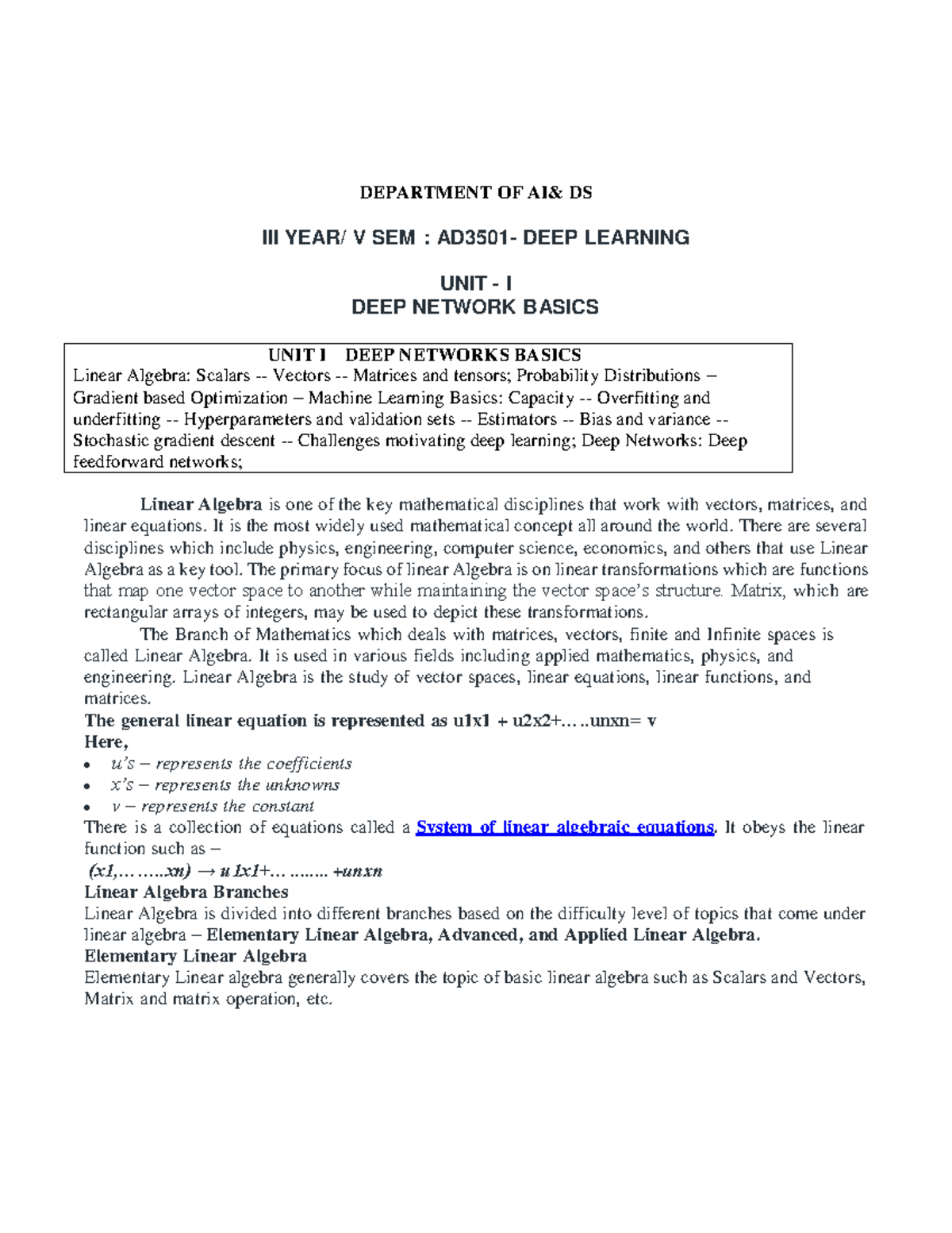 Deep Learning notes 1 - DEPARTMENT OF AI& DS III YEAR/ V SEM : AD3501 ...