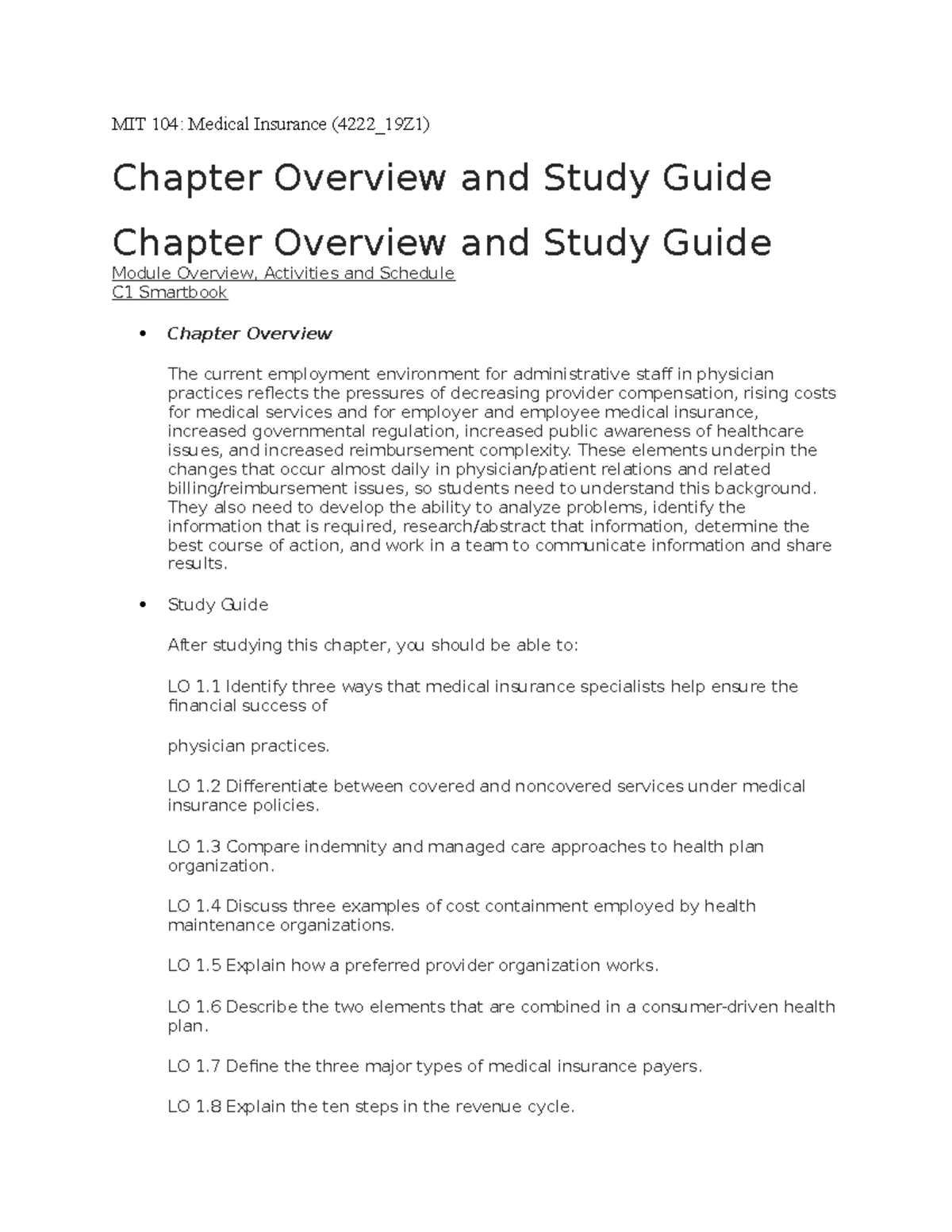 MIT 104 - Study Guide for Chapter on Medical Insurance and Practices ...