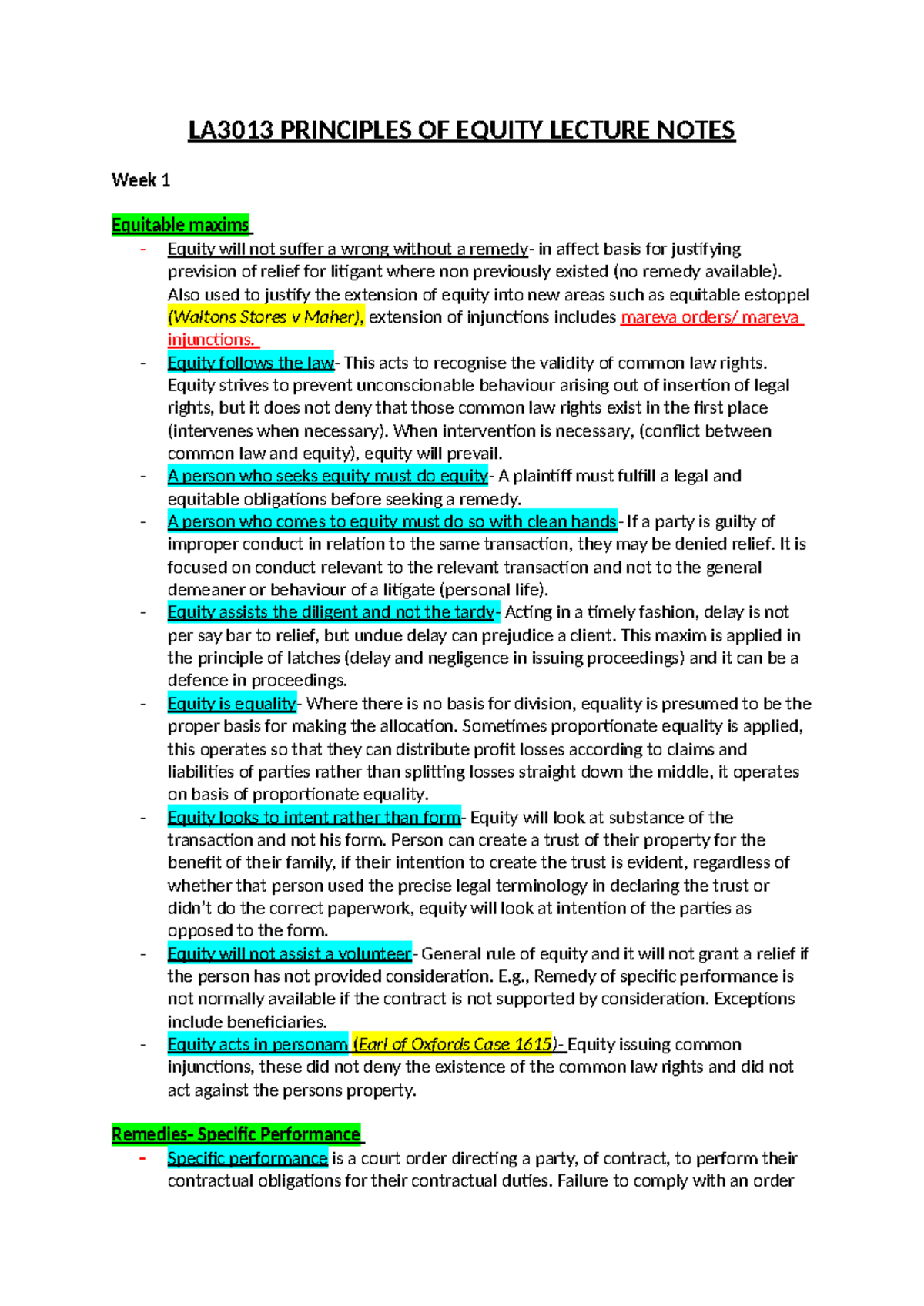 LA3013 Final Exam Notes: Principles of Equity Overview - Studocu