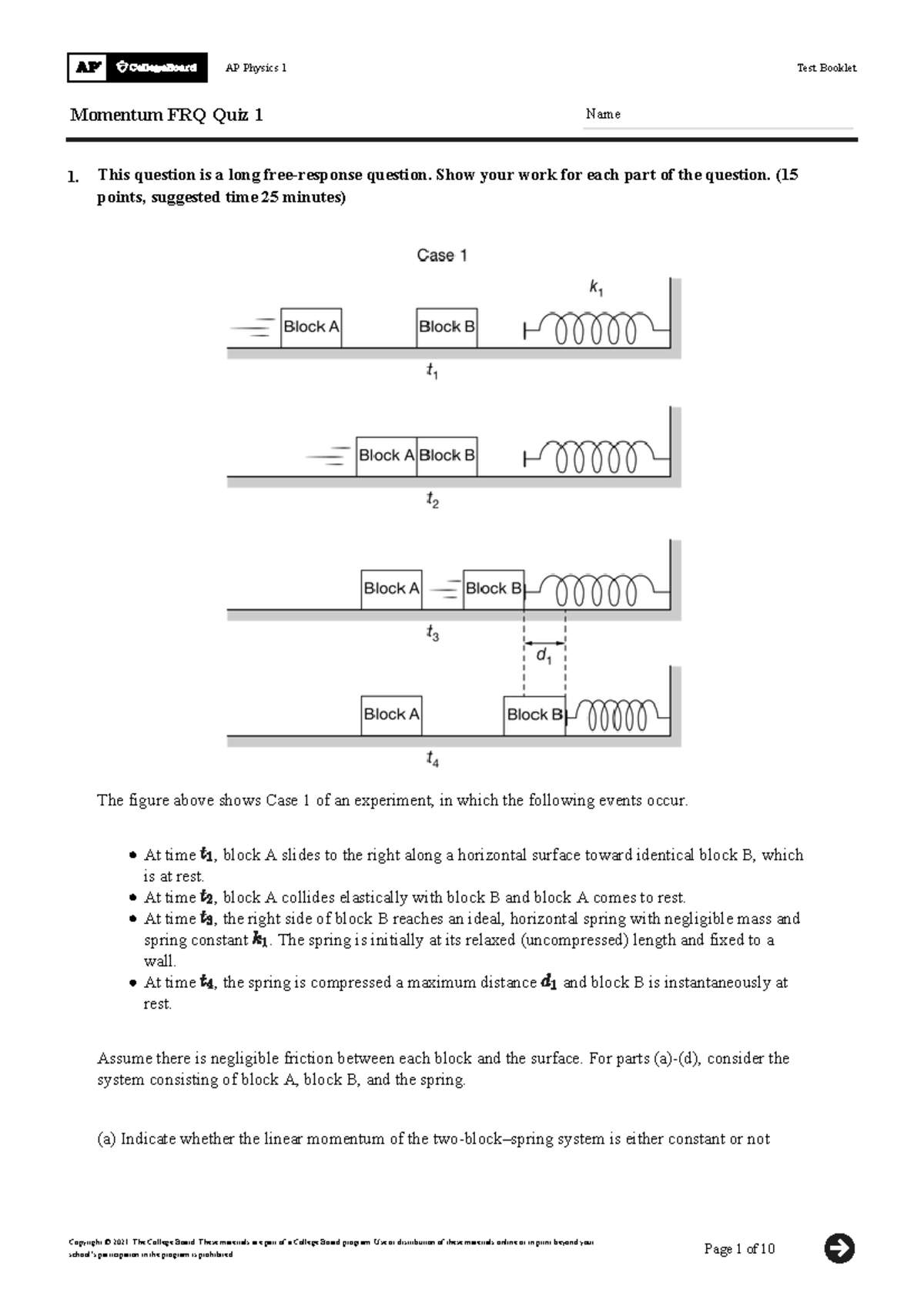 AP Physics 1 Momentum FRQ Quiz 1 - Test Booklet - Studocu