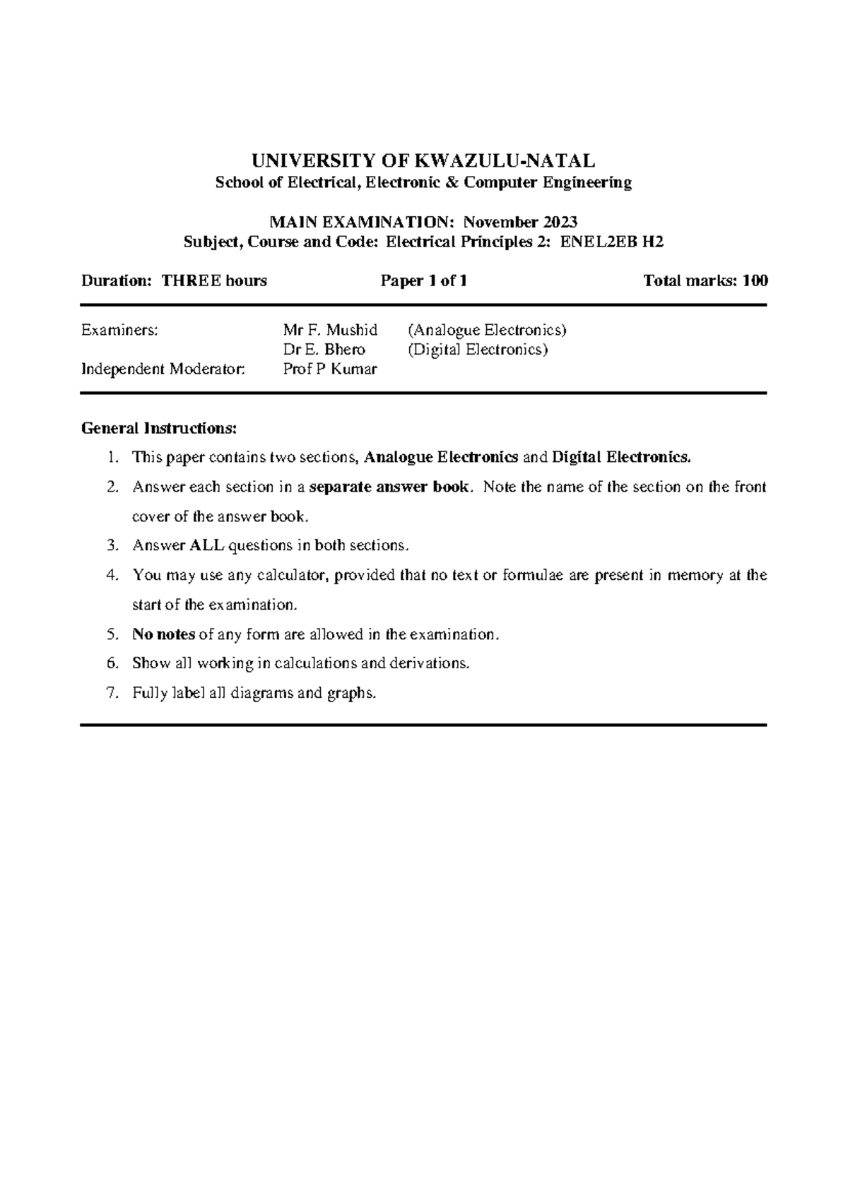 ENEL2EB H2 2023 - Main Exam: Electrical Principles 2 Analysis - Studocu