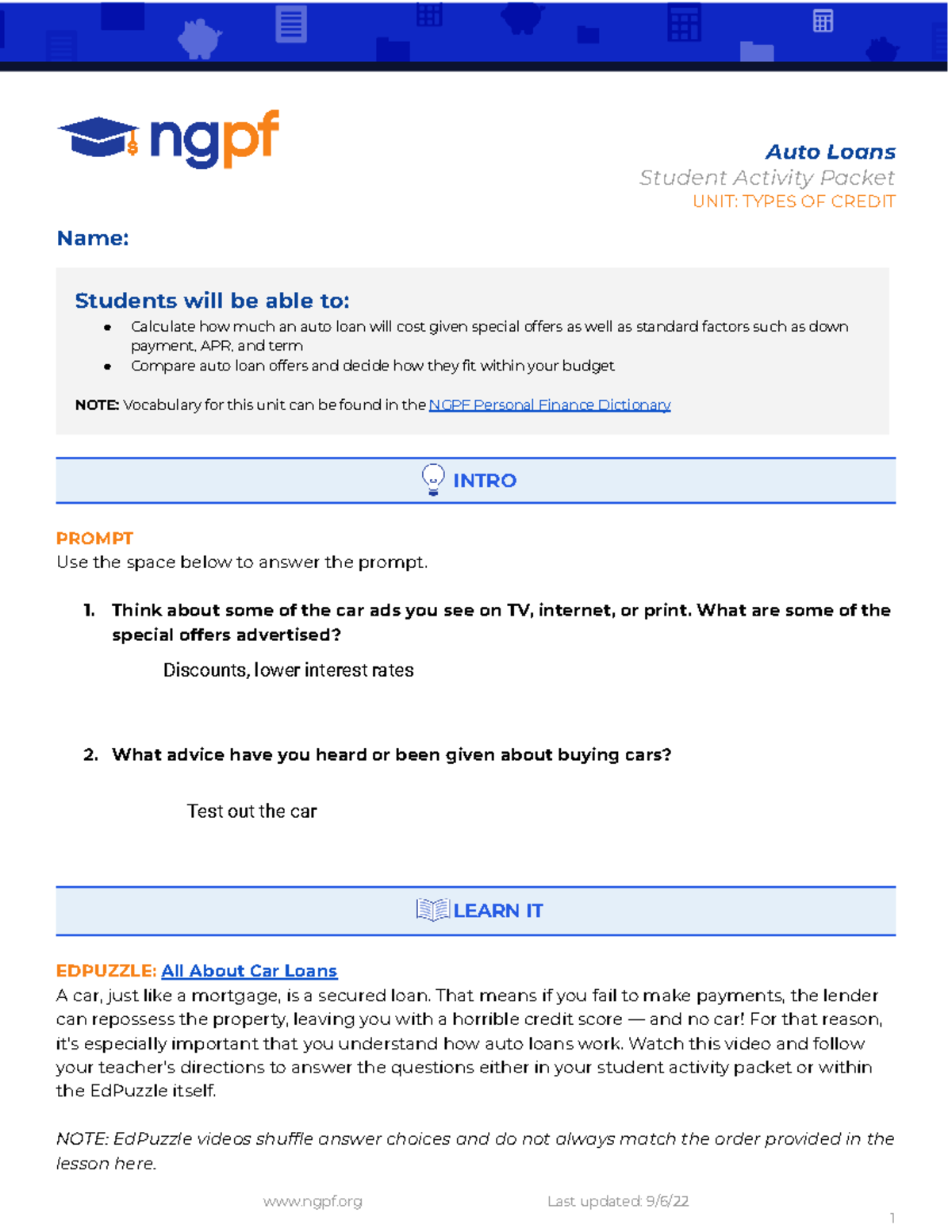 work assigment - Auto Loans Student Activity Packet UNIT: TYPES OF ...