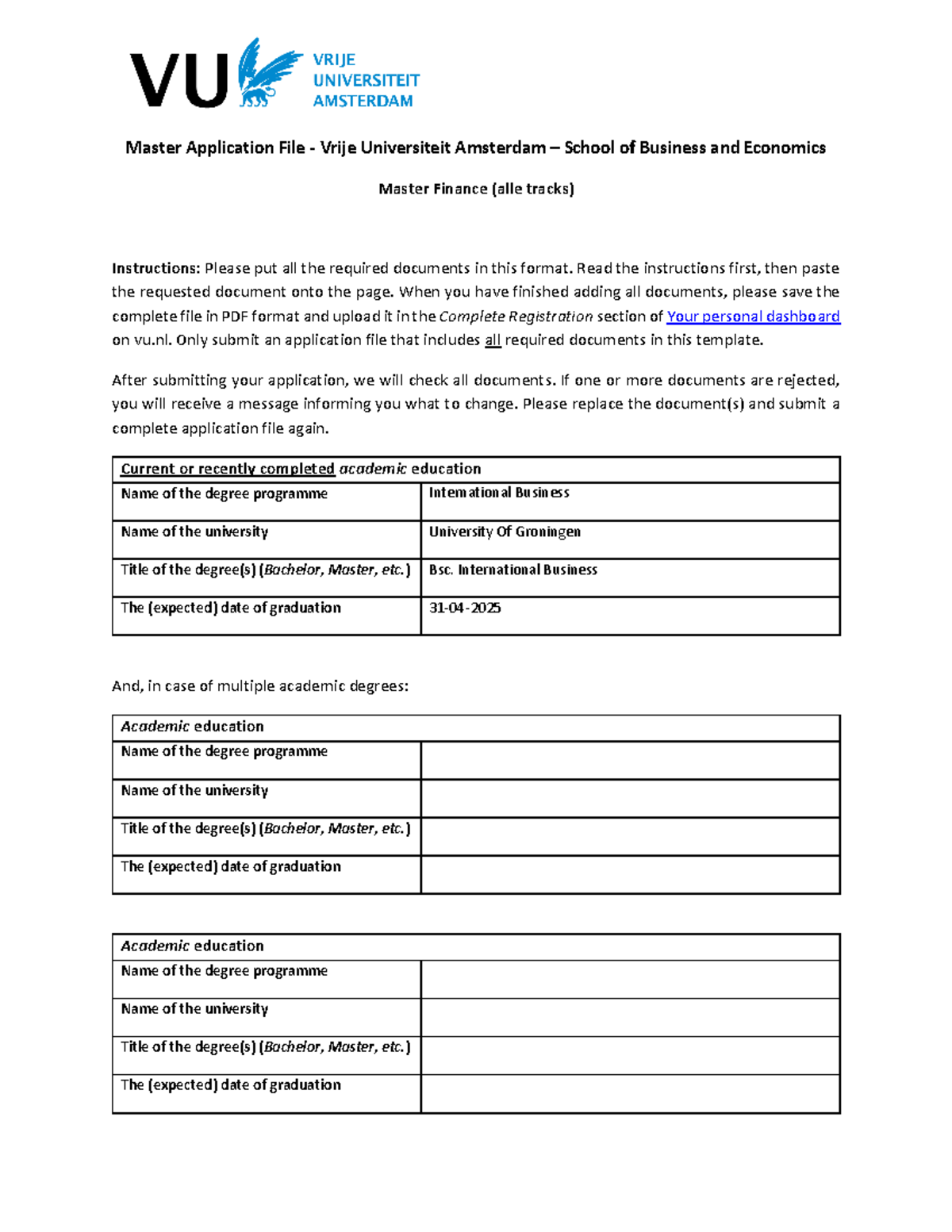 VU Master Finance Application Form - Submission Guidelines and Details ...