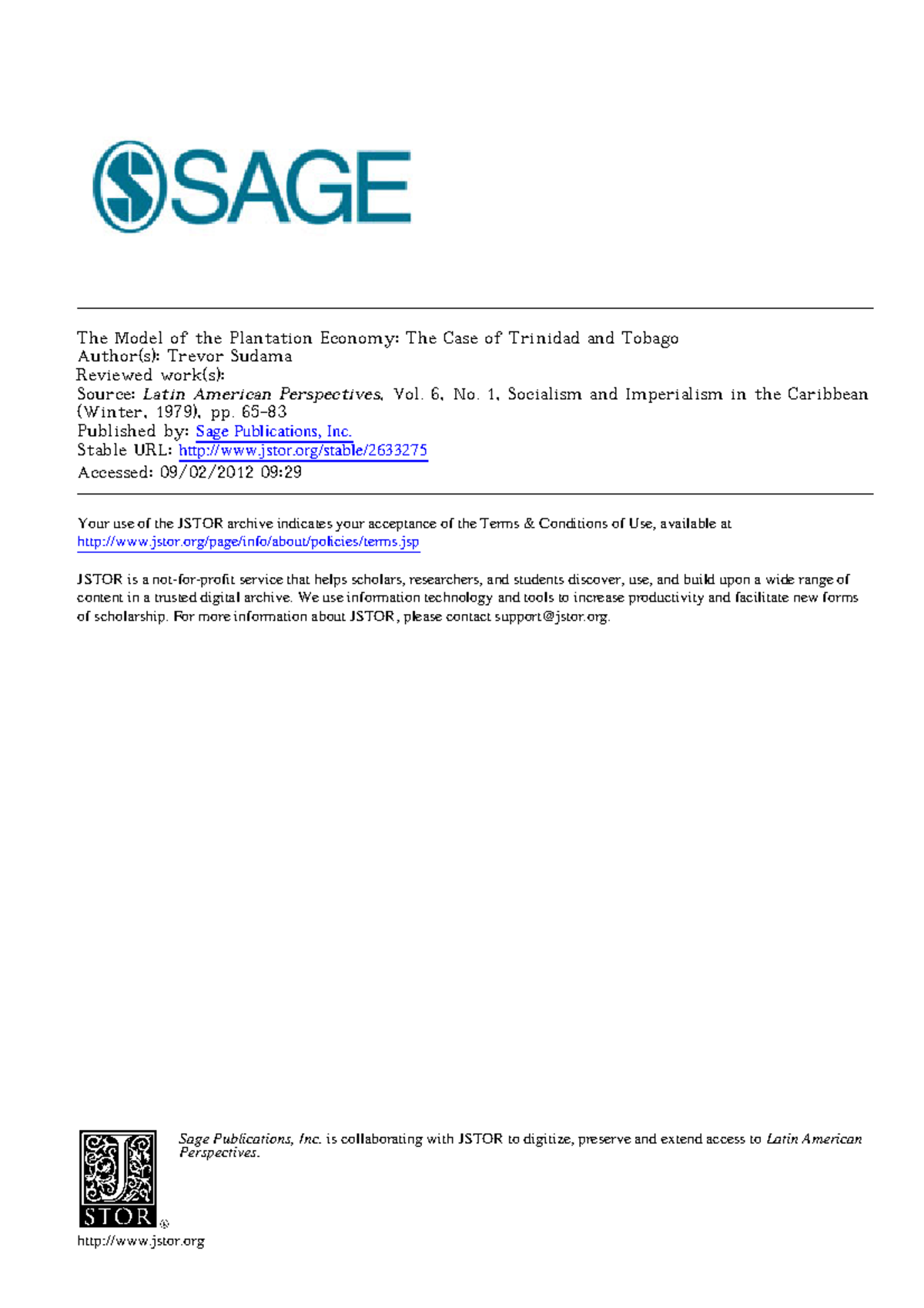 The Plantation Economy Model: Analysis of Trinidad and Tobago 2633275 ...