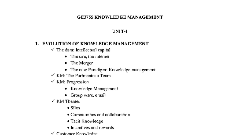 GE3755 - Knowledge Management: Unit 1 Overview and Key Concepts - Studocu
