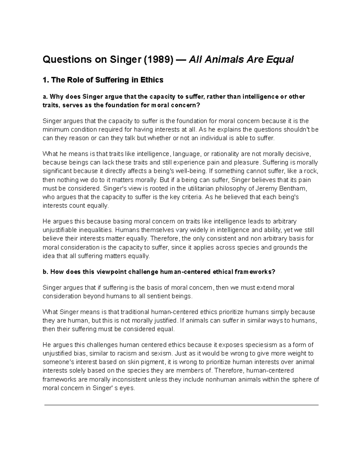 Questions on Singer (1989) - All Animals Are Equal - Studocu