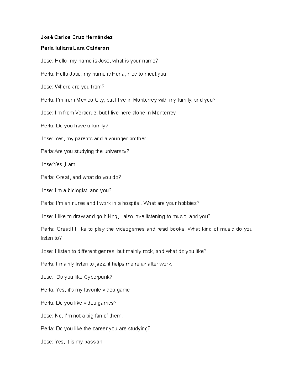 PIA Original: Conversation Between José and Perla on Hobbies and ...