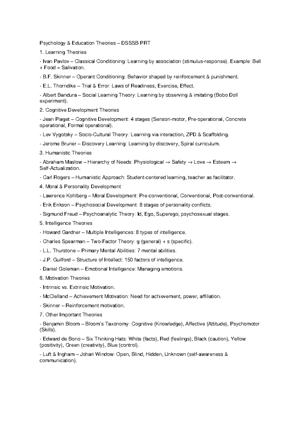 Psychology Education Theories DSSSB PRT: Key Learning Concepts - Studocu