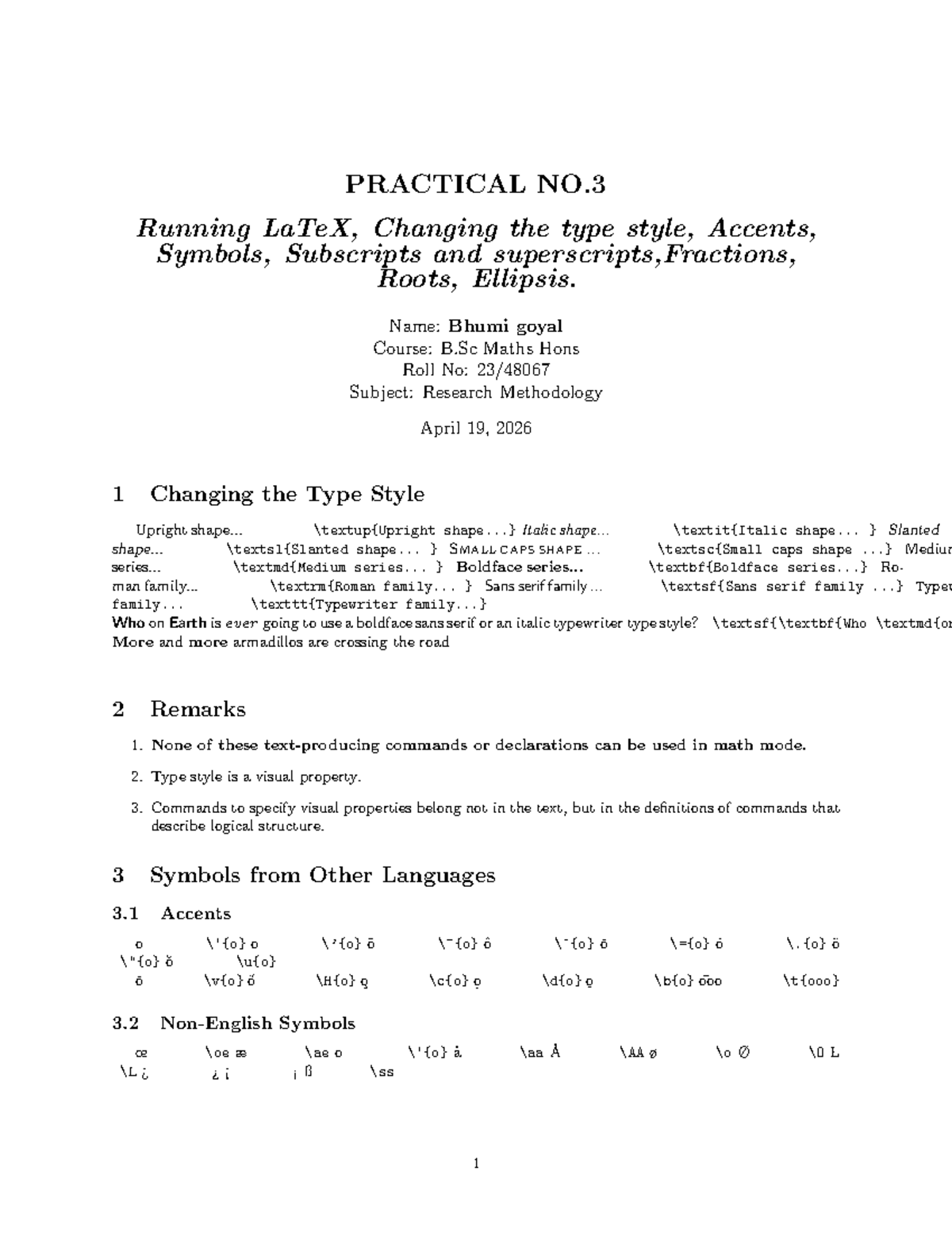 Practical No. 3: LaTeX Type Styles & Symbols in Research Methodology ...
