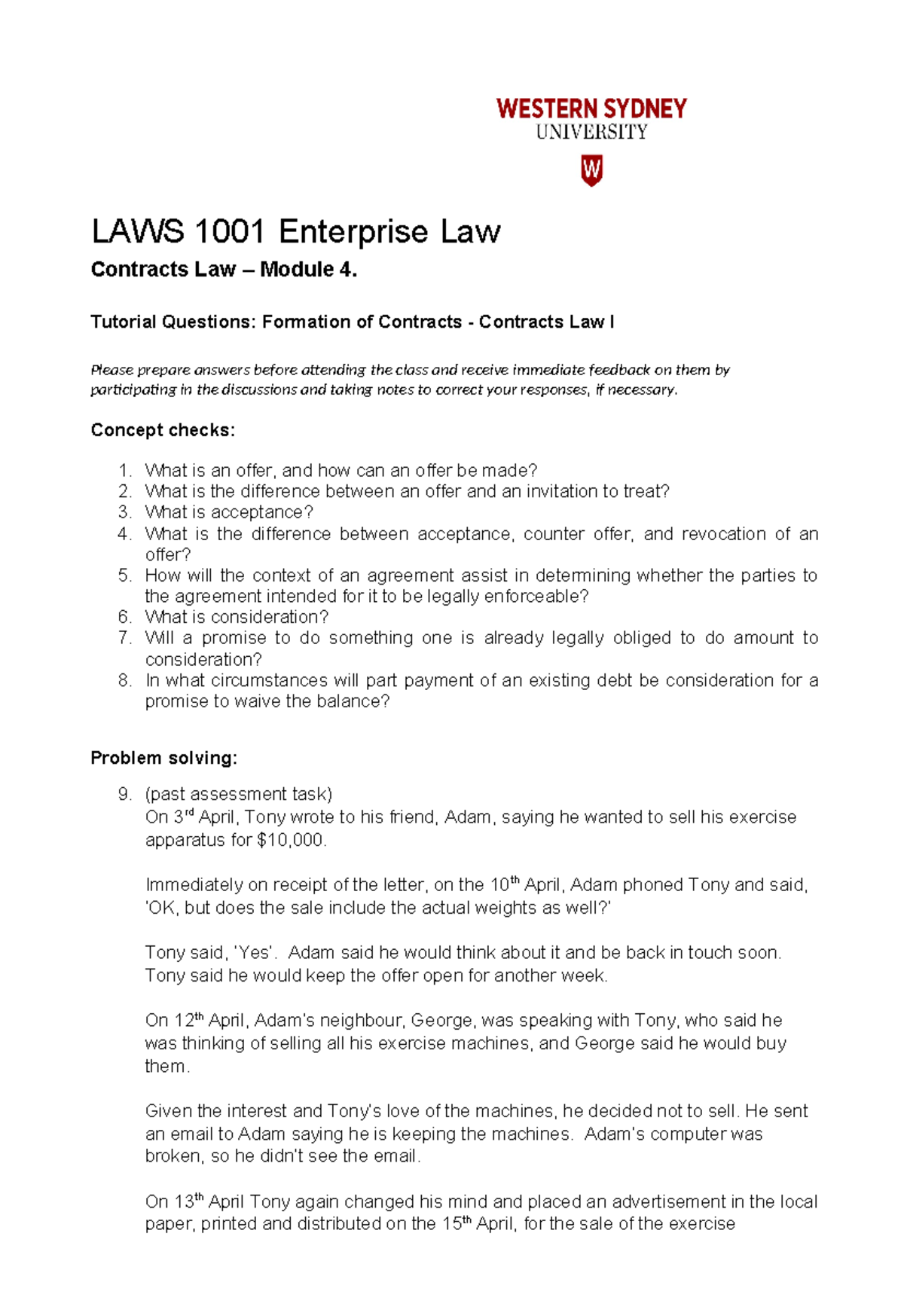Contract I - tutorial - LAWS 1001 Enterprise Law Contracts Law – Module ...