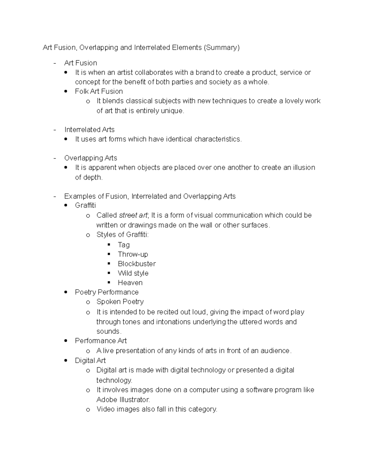1.7. Art Fusion, Interrelated and Overlapping Elements (Summary) - Studocu