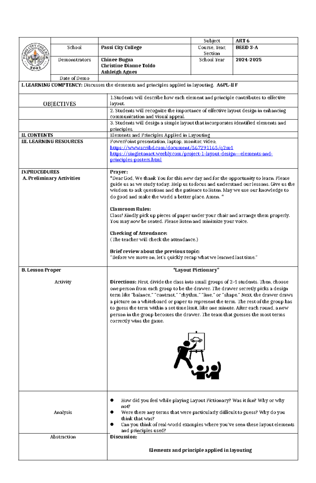 layouting in art - Subject ART 6 School Passi City College Course, Year ...