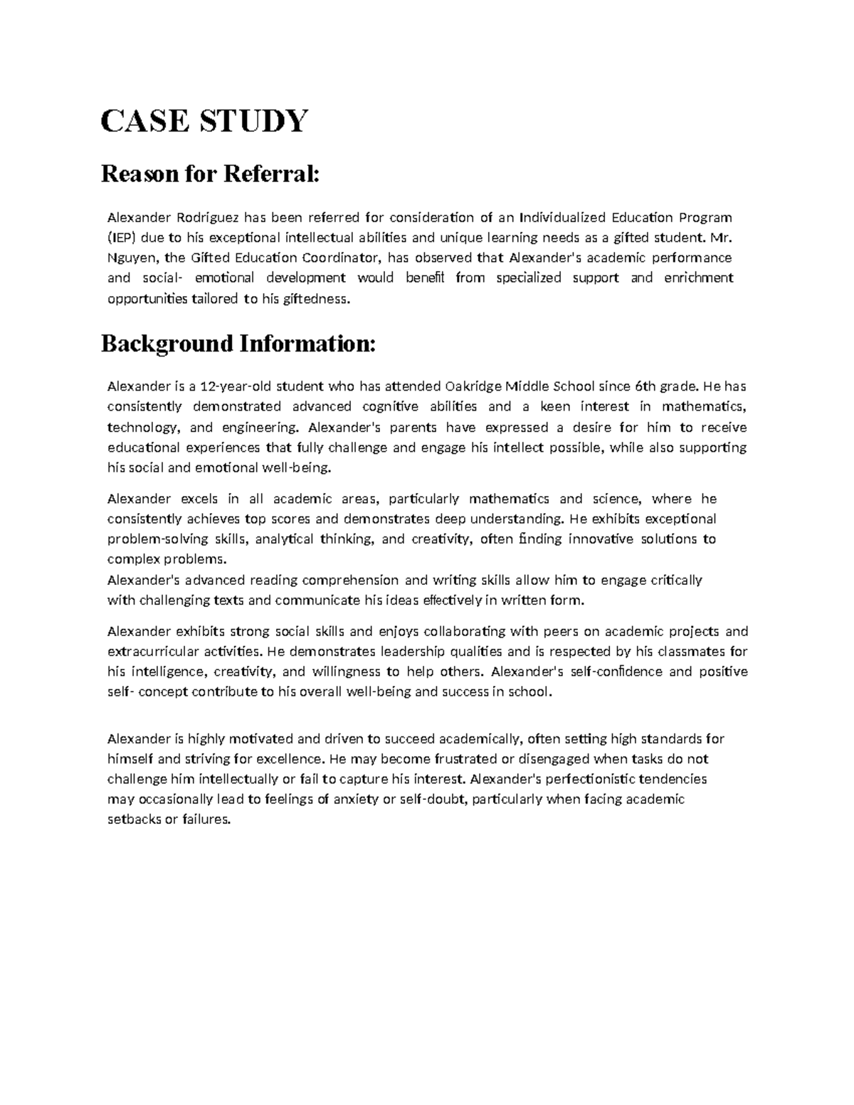 CASE Study: Gifted Student Alexander Rodriguez's IEP Needs - Studocu