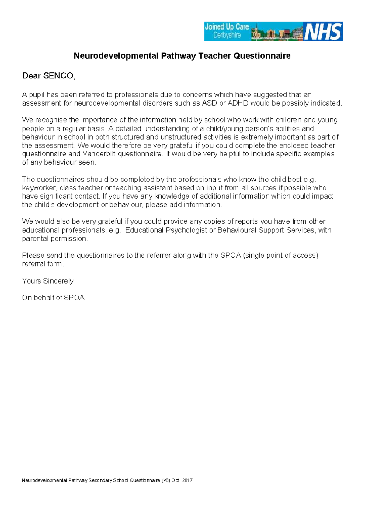 Neurodevelopmental Pathway Teacher Questionnaire (NDP) for Secondary ...