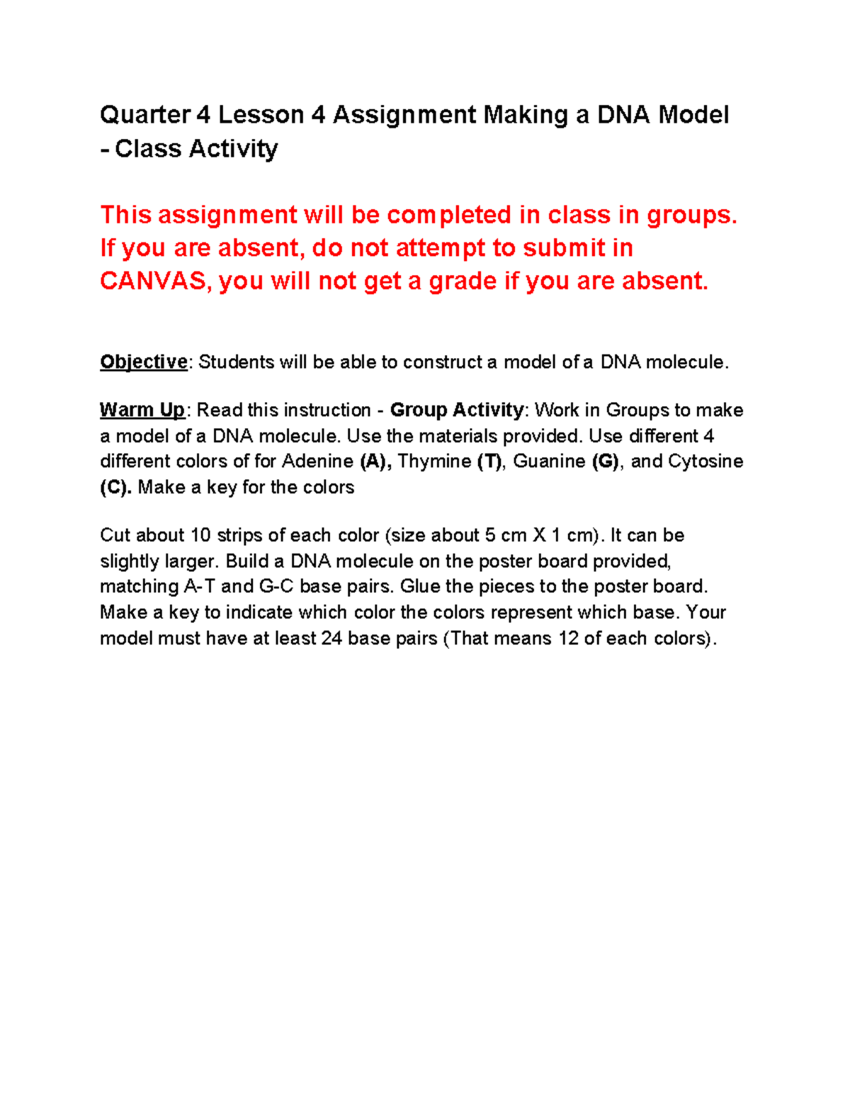 Quarter 4 Lesson 4 Classwork: Building a DNA Model Activity - Studocu