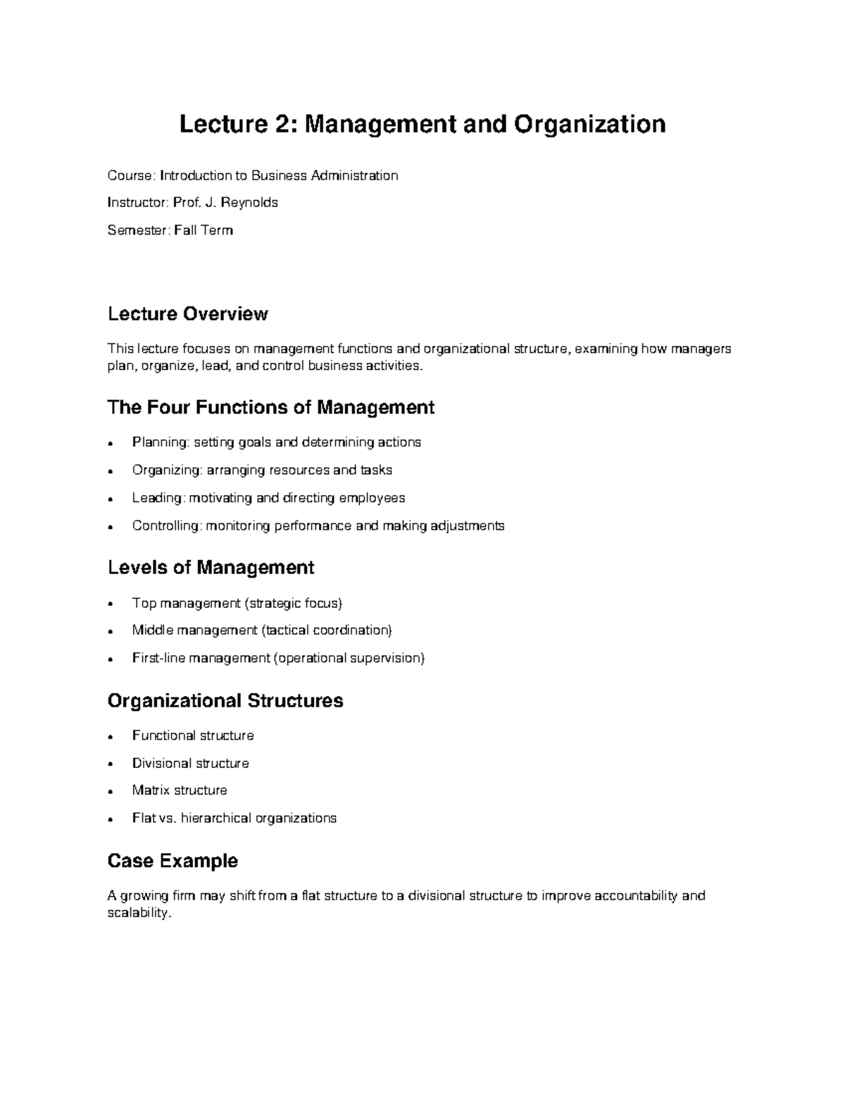 Lecture 2: Management Functions & Org Structure - Intro to BA - Studocu