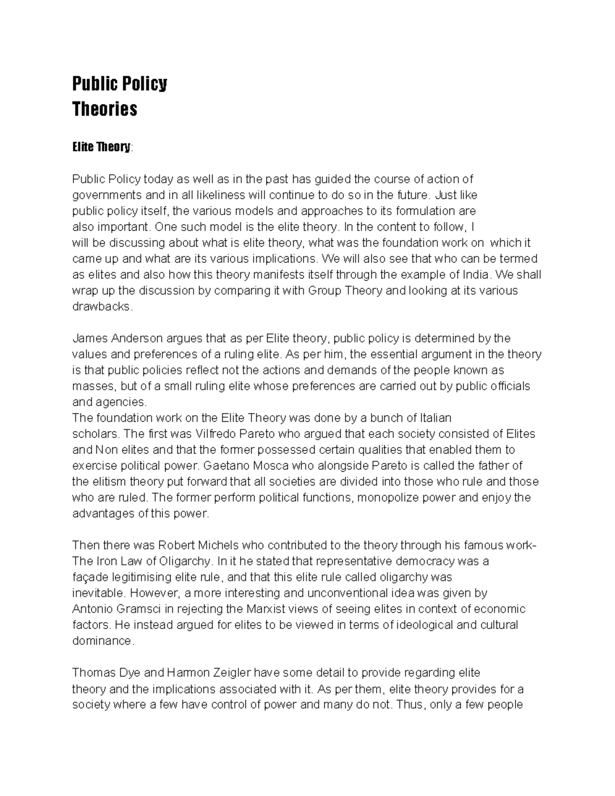 Public Policy Theories: Elite Theory Overview for Exam Prep - Studocu
