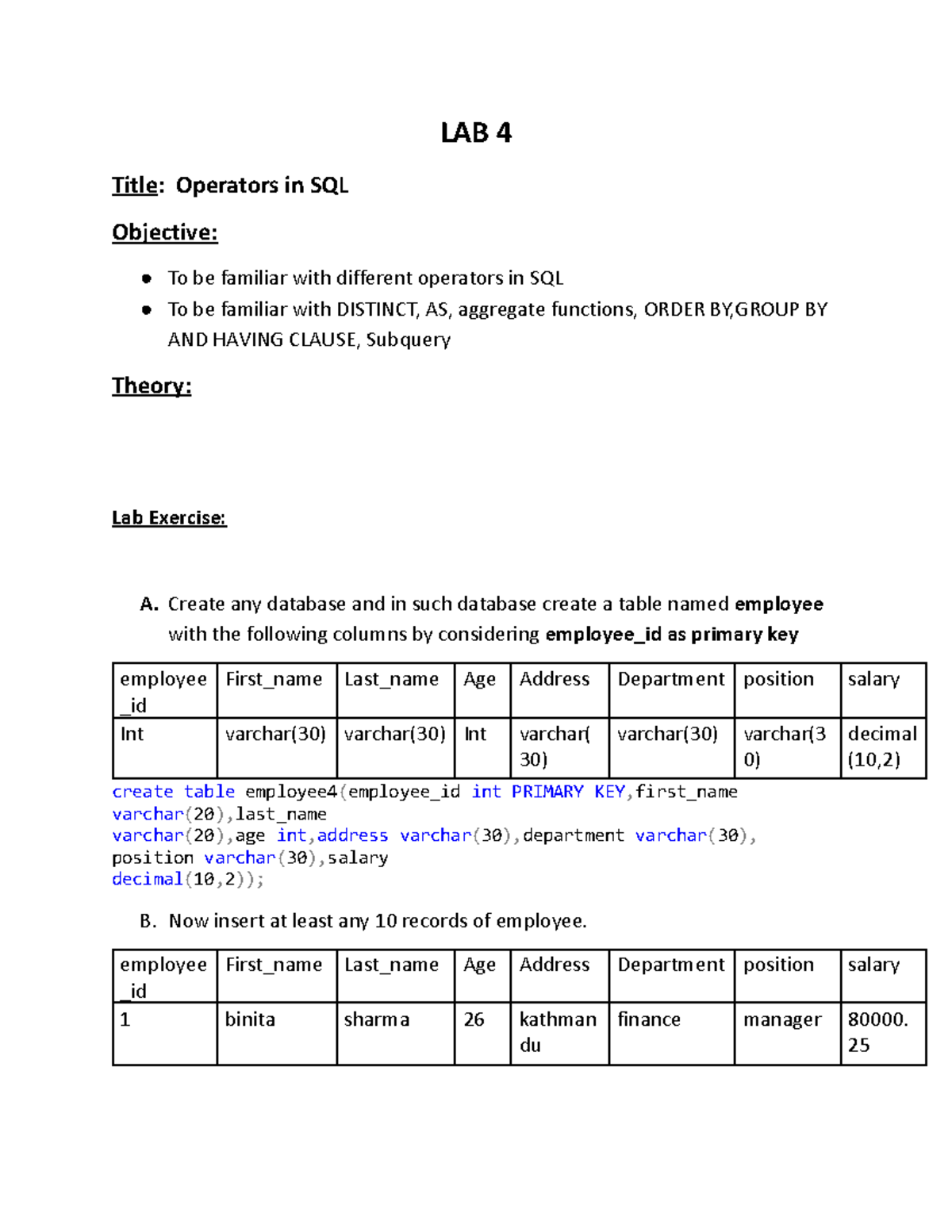 LAB 4: SQL Operators and Aggregate Functions Explained - Studocu