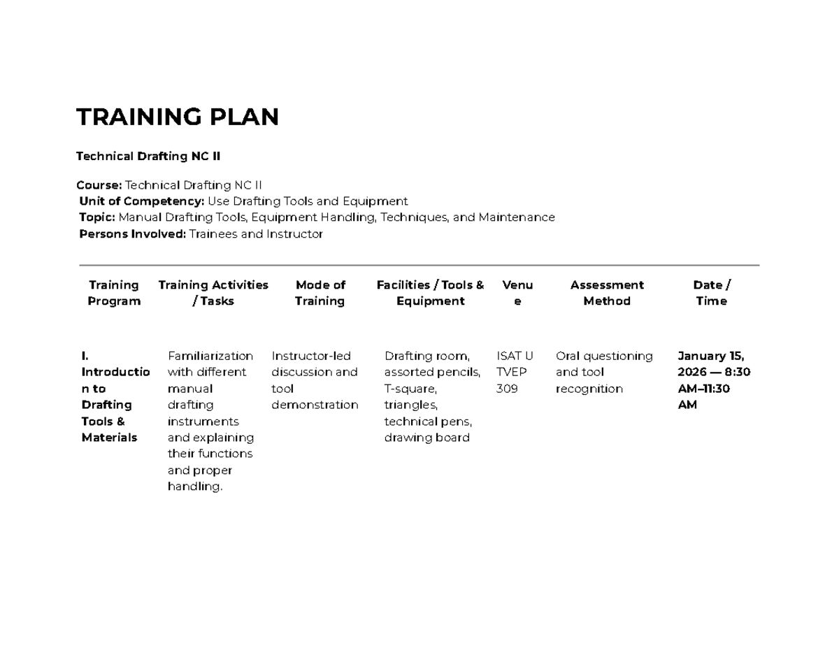 Training Plan: Technical Drafting NC II - Manual Drafting Tools & Techniques - Studocu