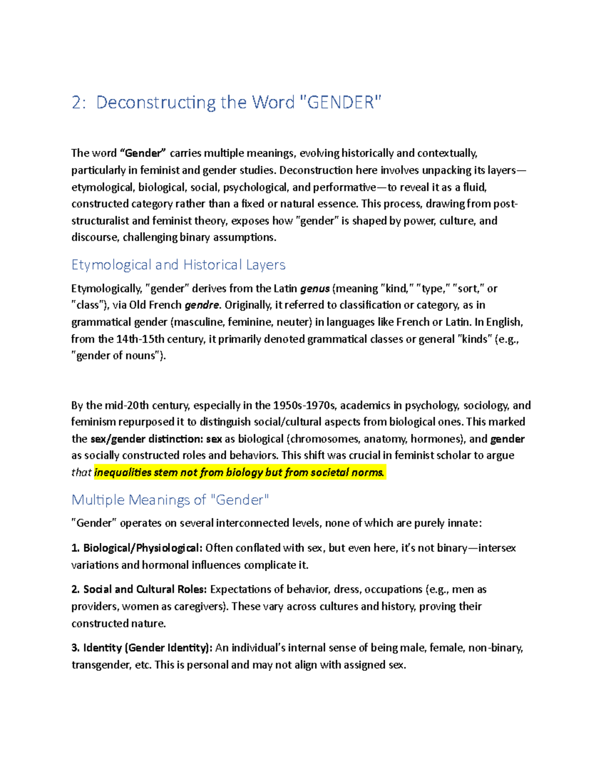2: Deconstructing the Word Gender in Feminist Theory - Studocu