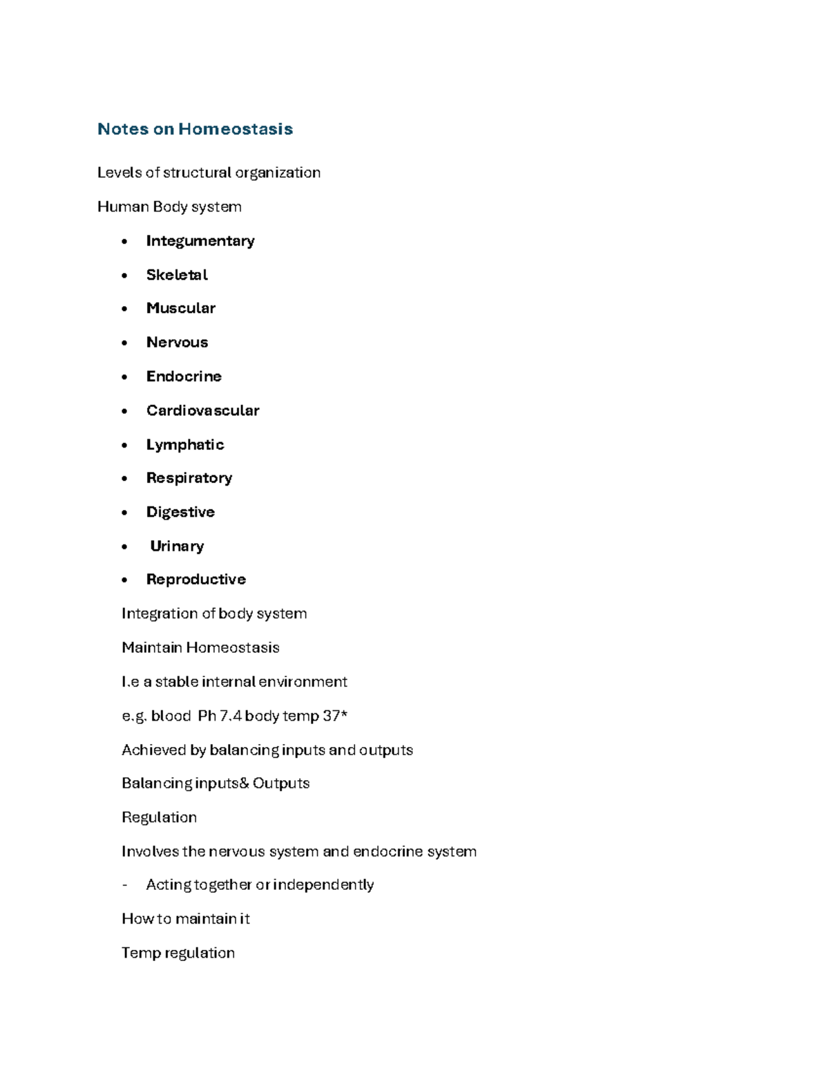 Human Bioscience Cheat Sheet: Homeostasis & Body Systems - Studocu