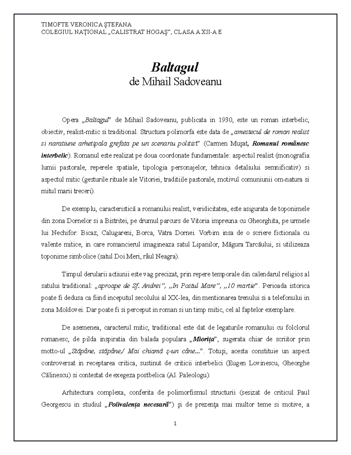 Baltagul - eseu cu privire la caracteristicile textului - COLEGIUL ...