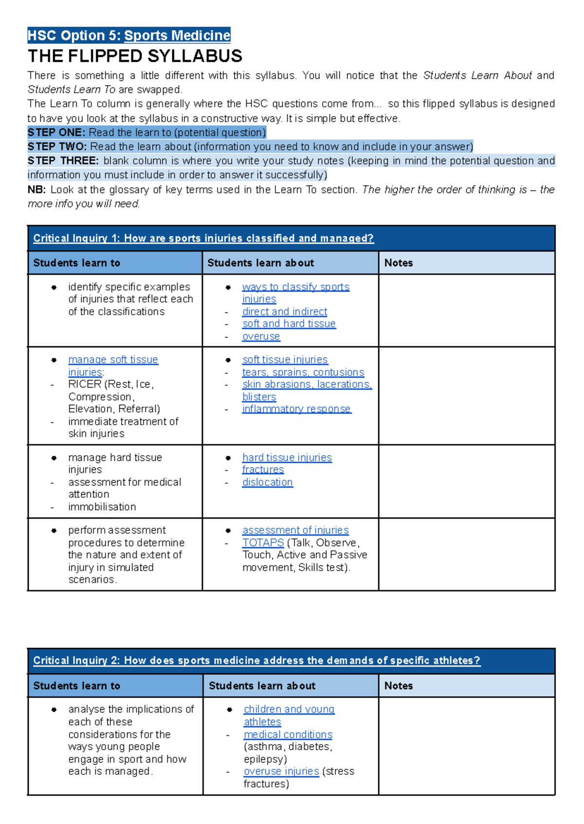 HSC Option 5: Sports Medicine Flipped Syllabus Overview - Studocu