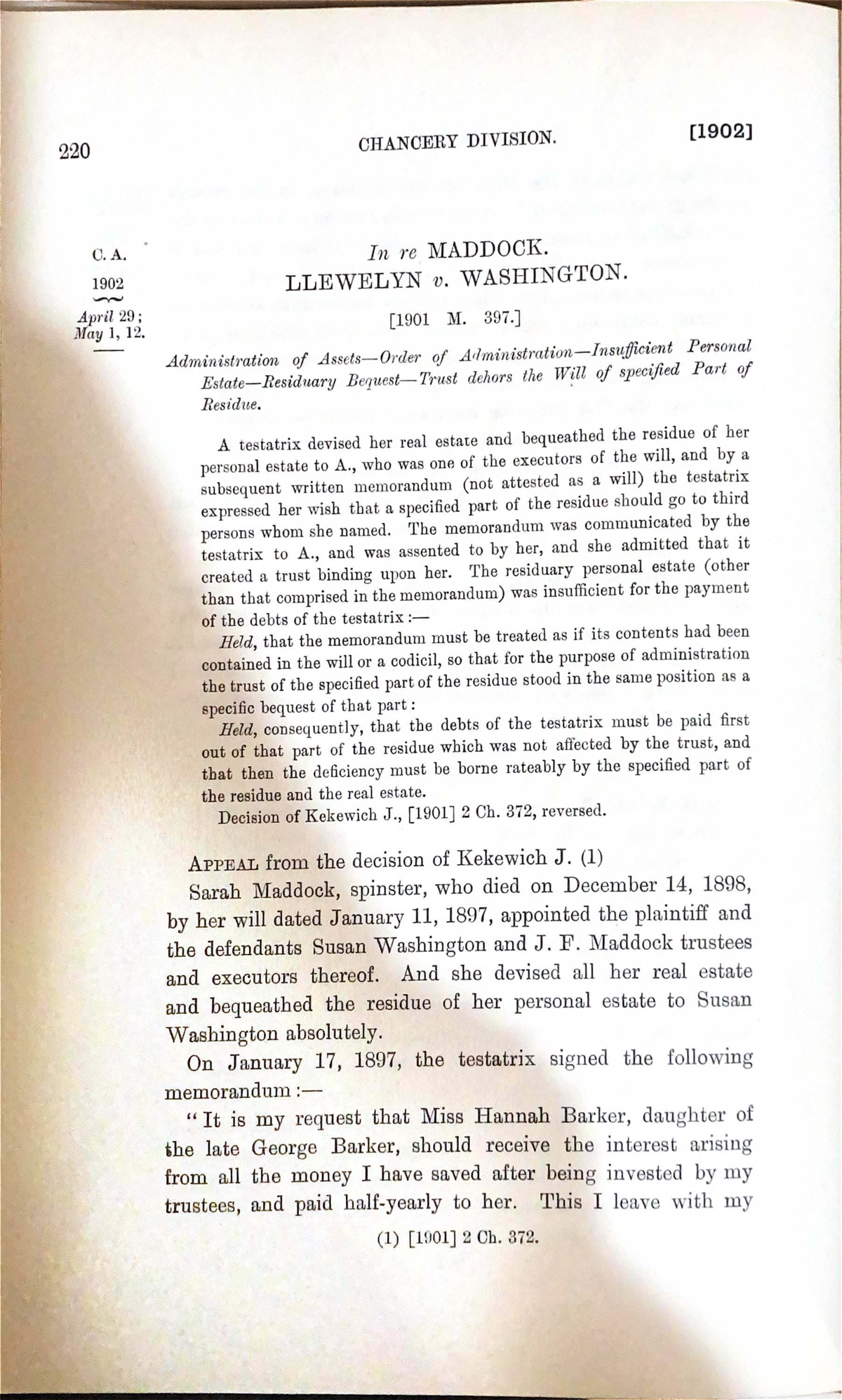 In re Maddock: Chancery Division Case Analysis (C.A. 1902) - Studocu