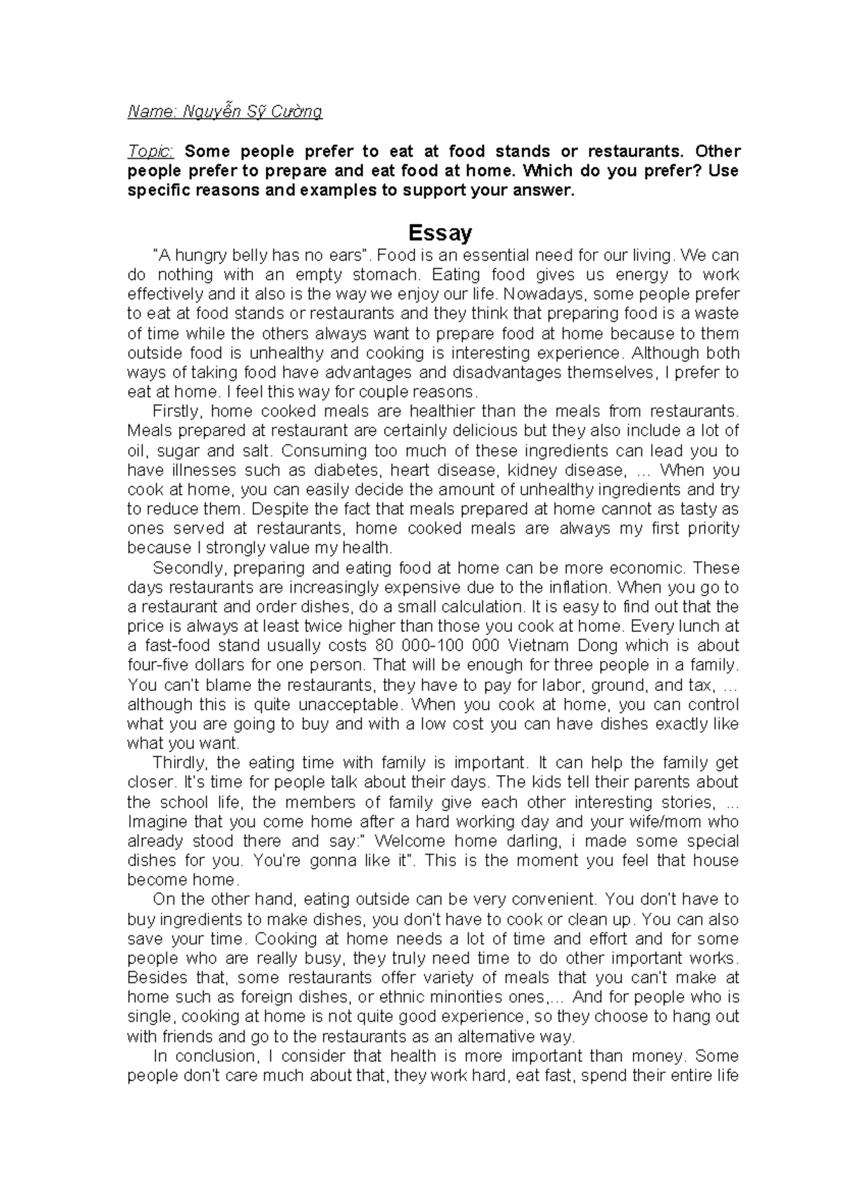 ENG101: Essay on Eating Preferences: Home-Cooked vs. Restaurant Meals ...