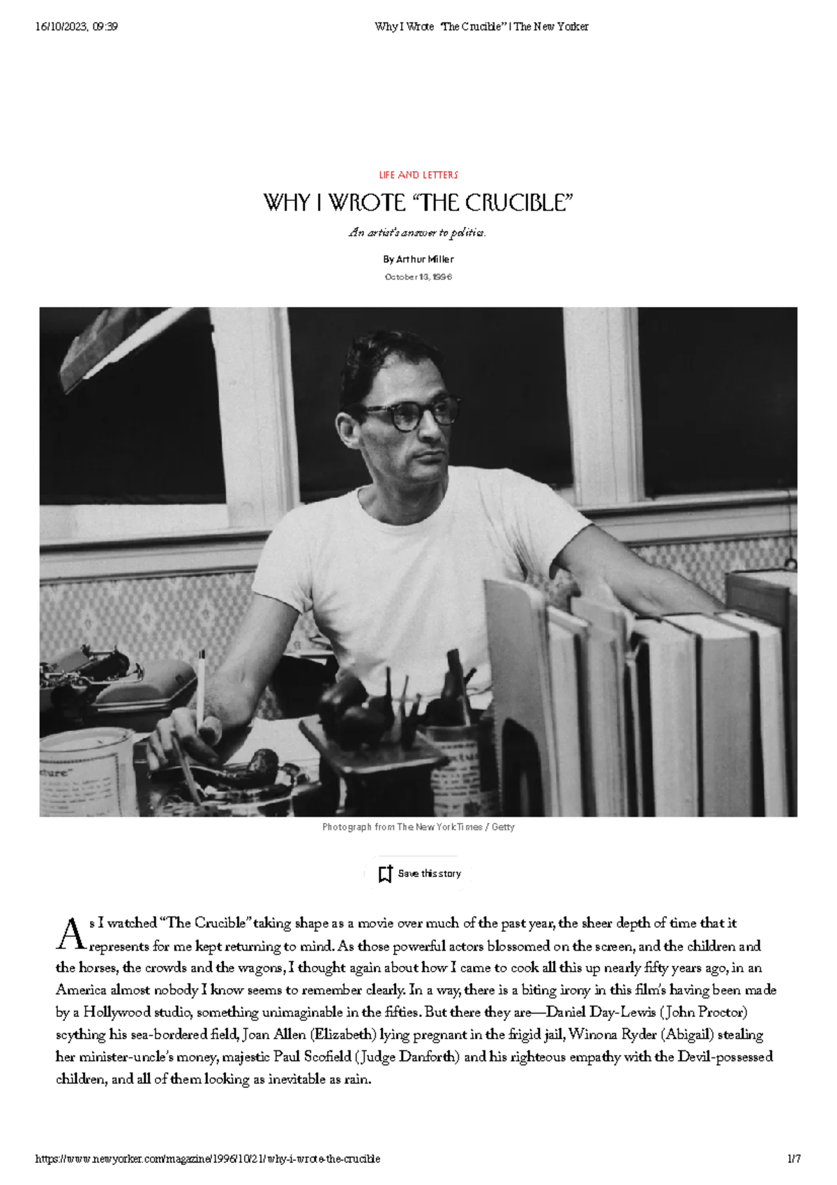 Why I Wrote "The Crucible": An Insight by Arthur Miller - Studocu