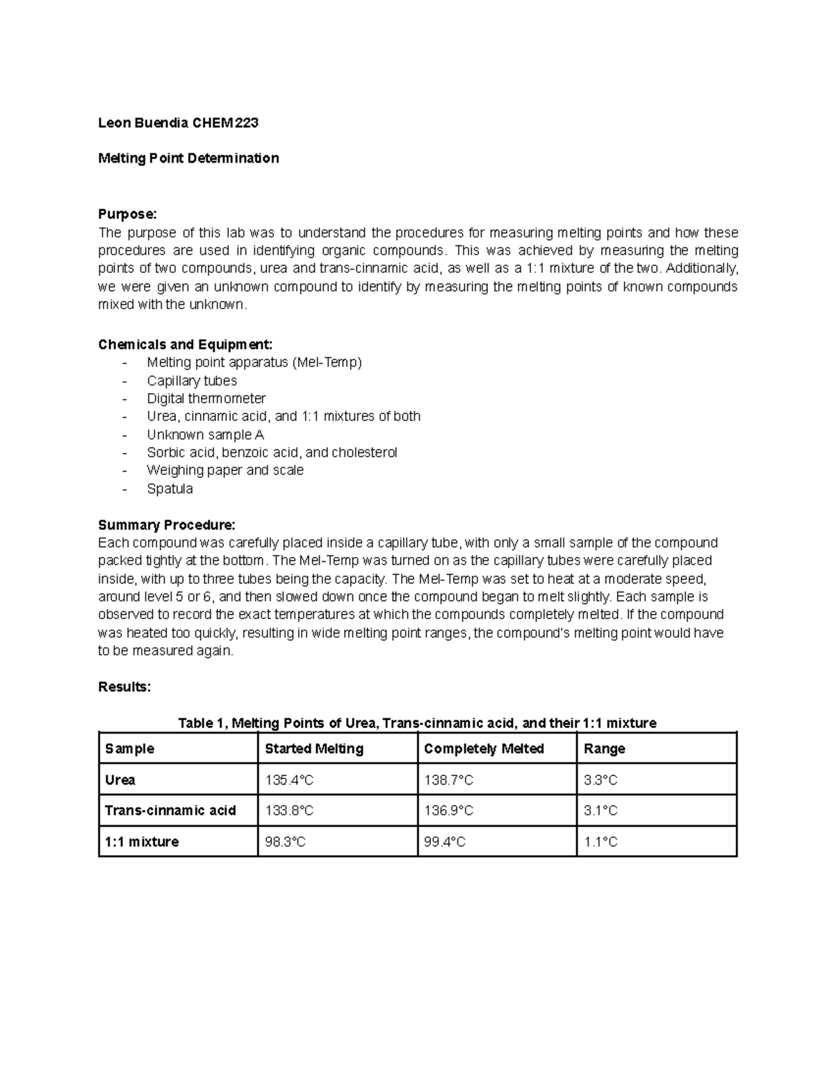 Lab Report: CHEM 223 Melting Point Analysis and Procedures - Studocu