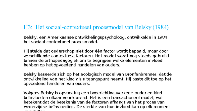 H3: Samenvatting van het Procesmodel van Belsky (1984) in de Pedagogiek ...