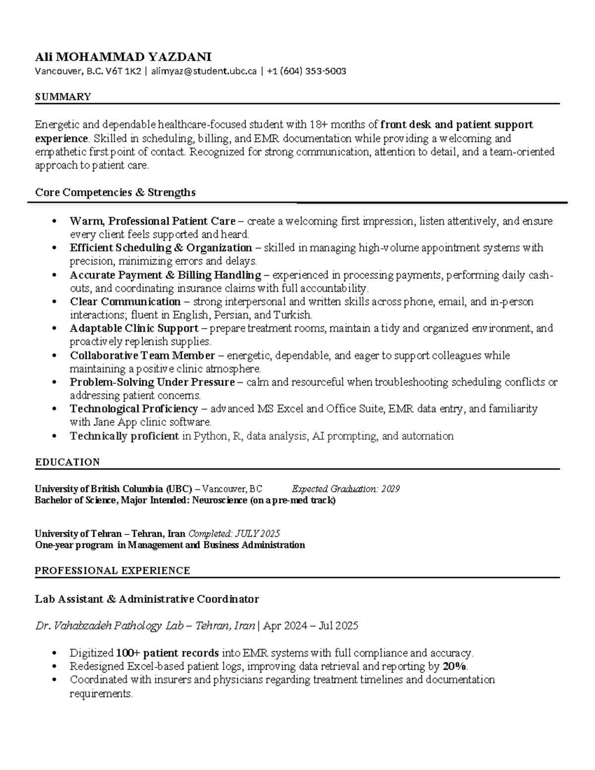 Part-Time Job Application Summary - Ali MOHAMMAD YAZDANI - Studocu