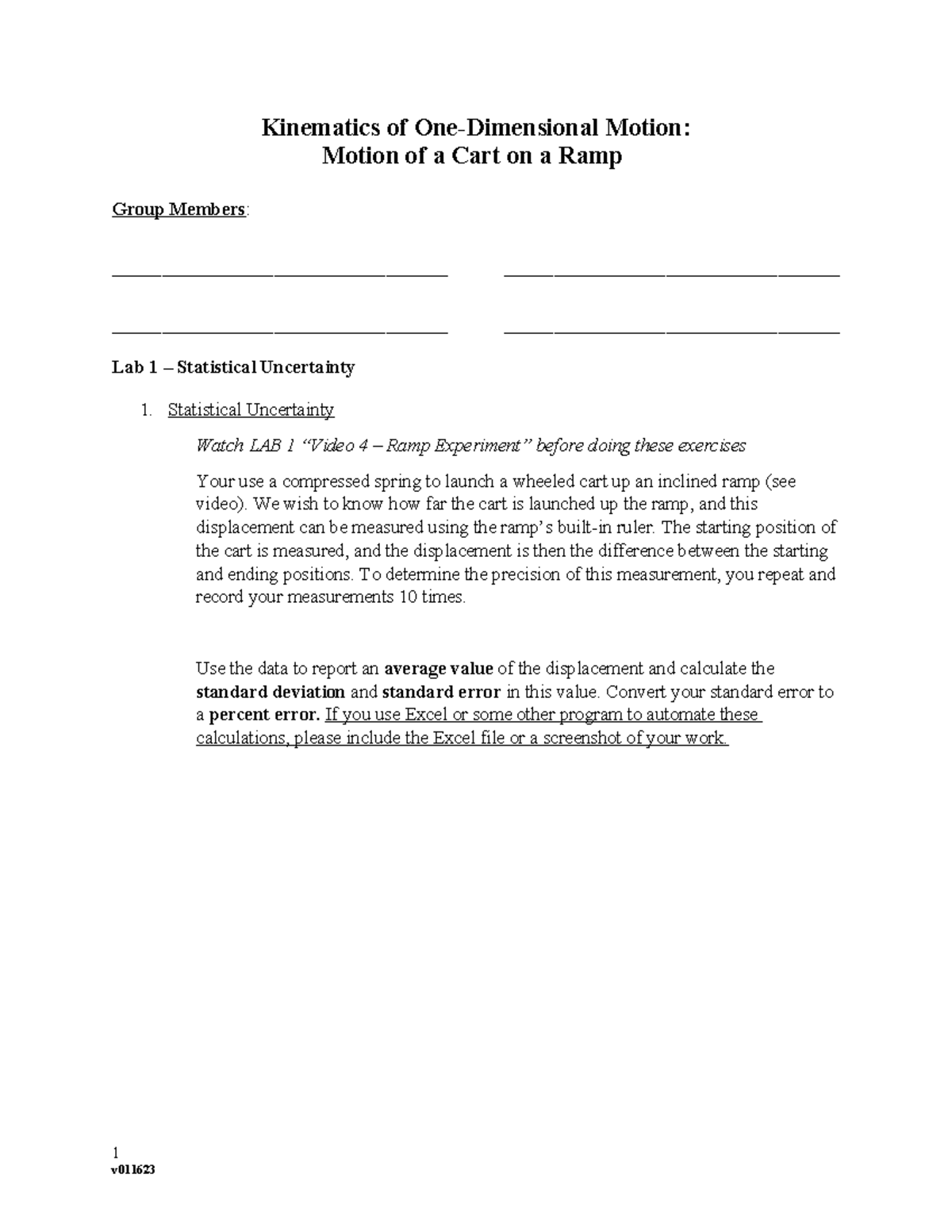 PHYS 101 Laboratory 2: Kinematics of One-Dimensional Motion - Studocu