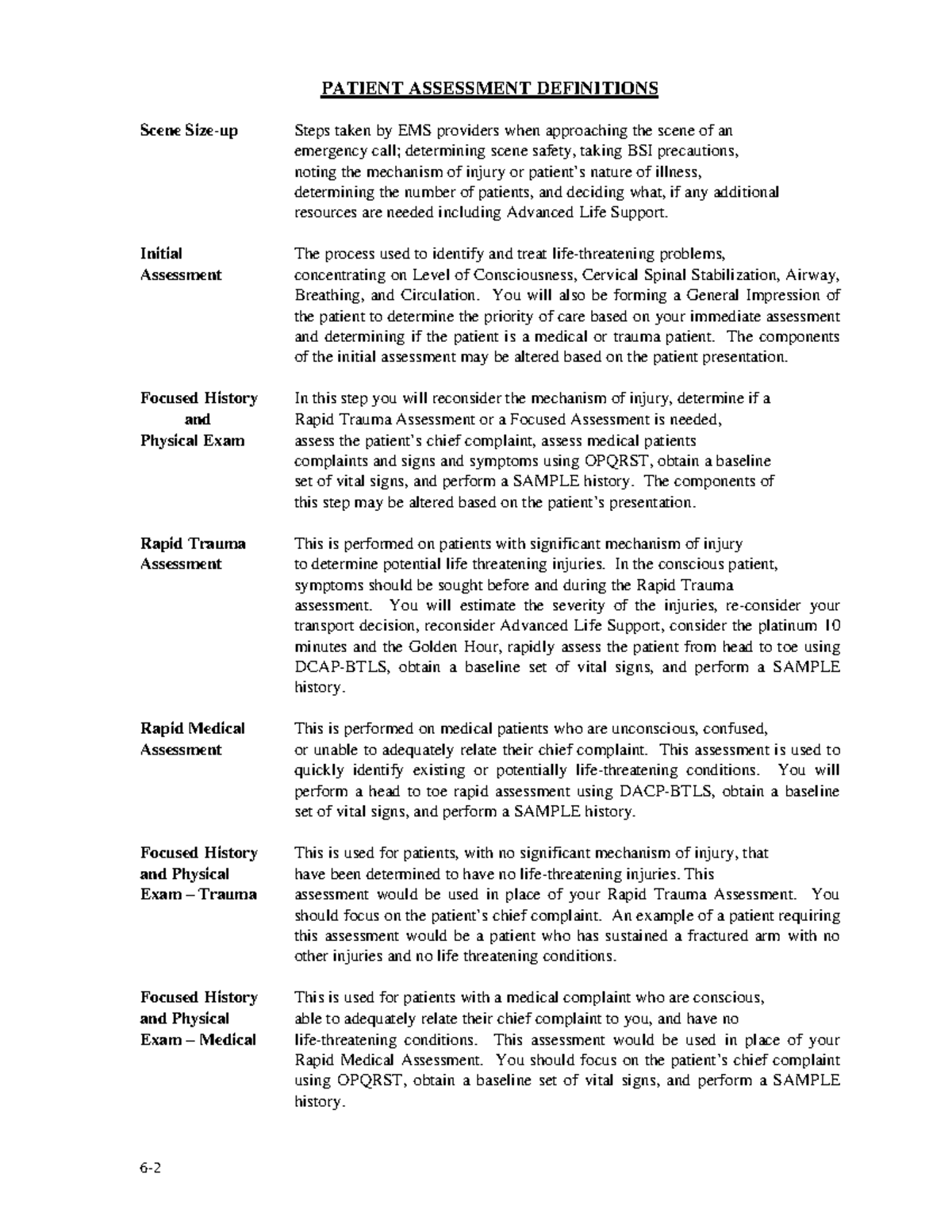 Trauma Patient Assessment - PATIENT ASSESSMENT DEFINITIONS Scene Size ...