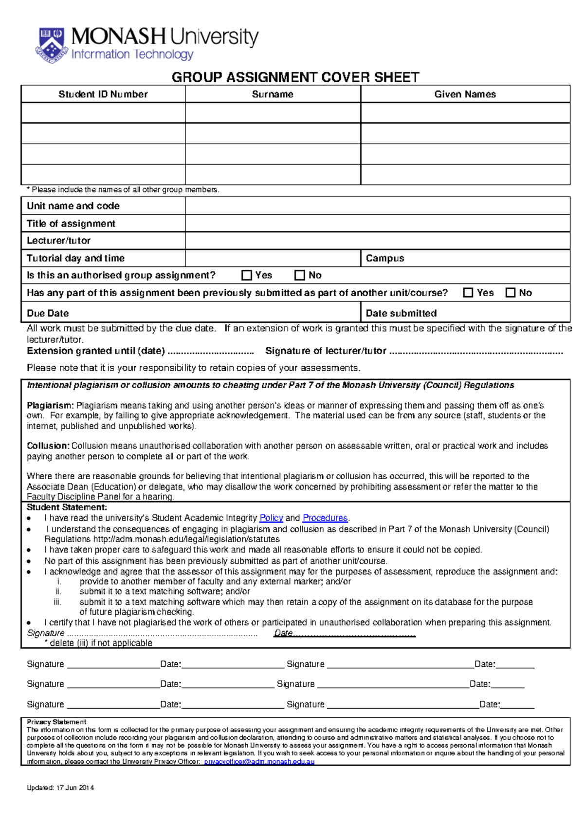 Group Assignment Cover Sheet for Monash University Submission - Studocu
