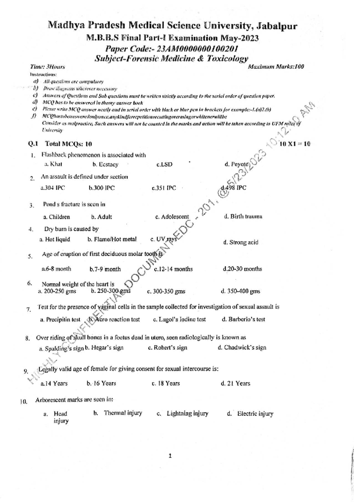 Madhya Pradesh Medical Science University, Jabalpur MBBS Final Exam ...