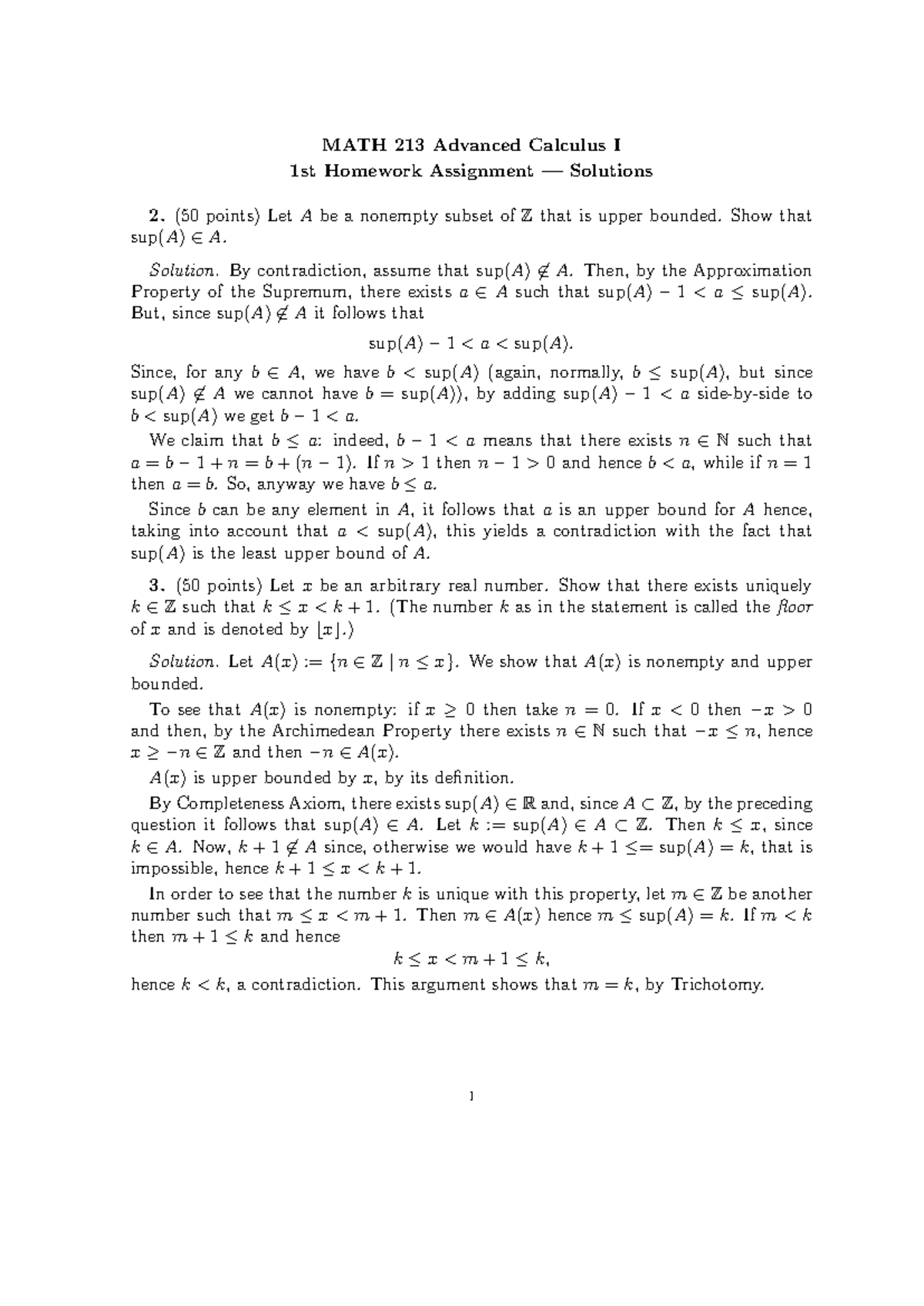 Math 213 Hw1 Solutions For Advanced Calculus I Studocu