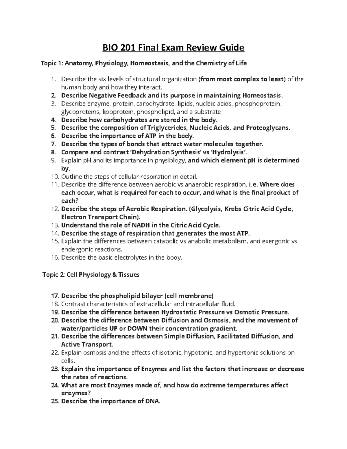 BIO 201 Final Exam Review Guide: Anatomy, Physiology, and Cell Functions - Studocu