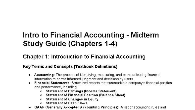 Intro to Financial Accounting (ACCT 101) Midterm Study Guide - Studocu