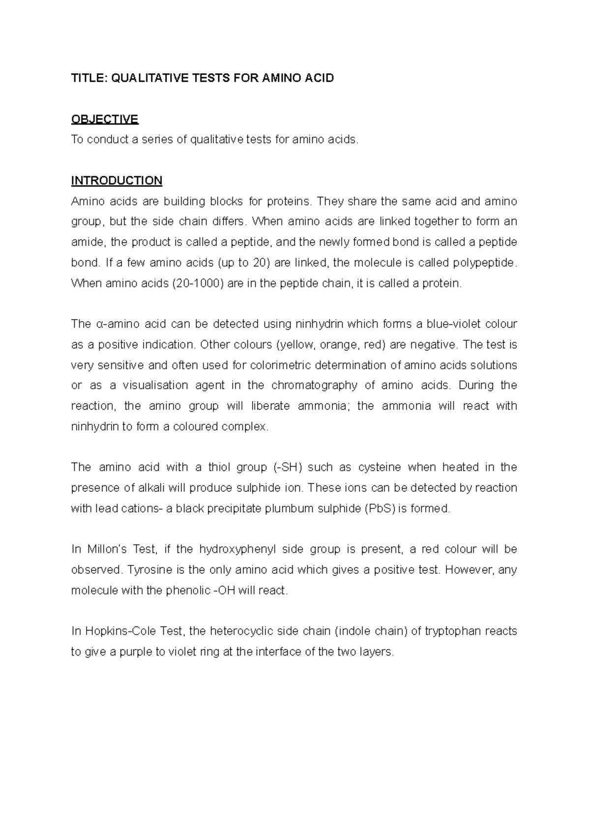 MIC LAB Report 2 - Qualitative Tests for Amino Acids Analysis - Studocu