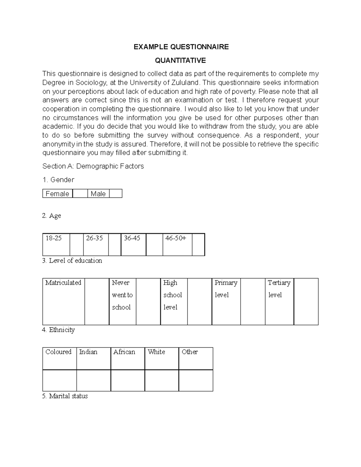 Sociology Degree Example Quantitative Questionnaire on Education ...