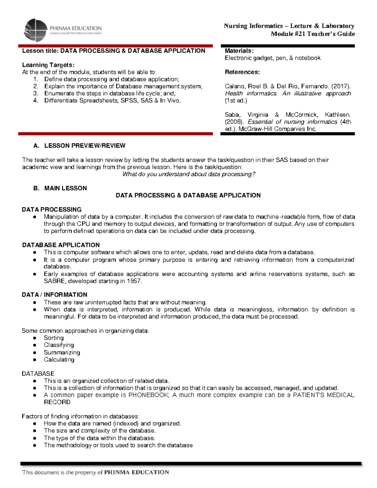 IG 21 Nursing Informatics - Module #21 Teacher’s Guide Lesson title: DATA PROCESSING & DATABASE ...
