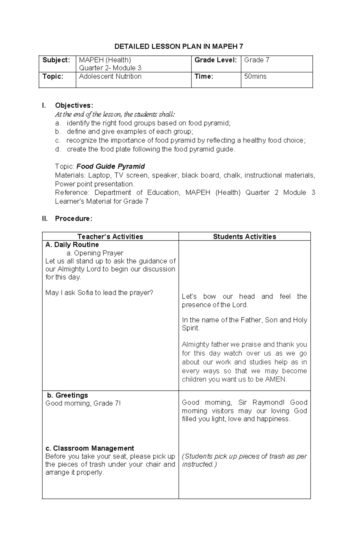 MAPEH 7: Detailed Lesson Plan on Adolescent Nutrition - Studocu