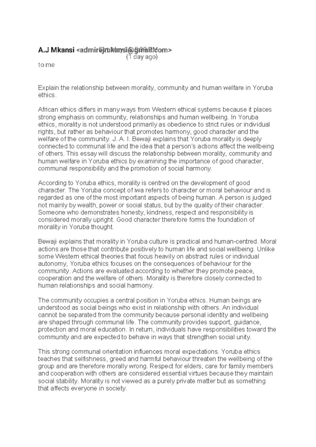 Yoruba Ethics: Morality, Community & Human Welfare (Essay Notes) - Studocu